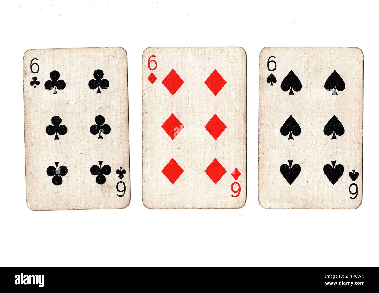 Vintage playing cards featuring three sixes on a white background Stock ...