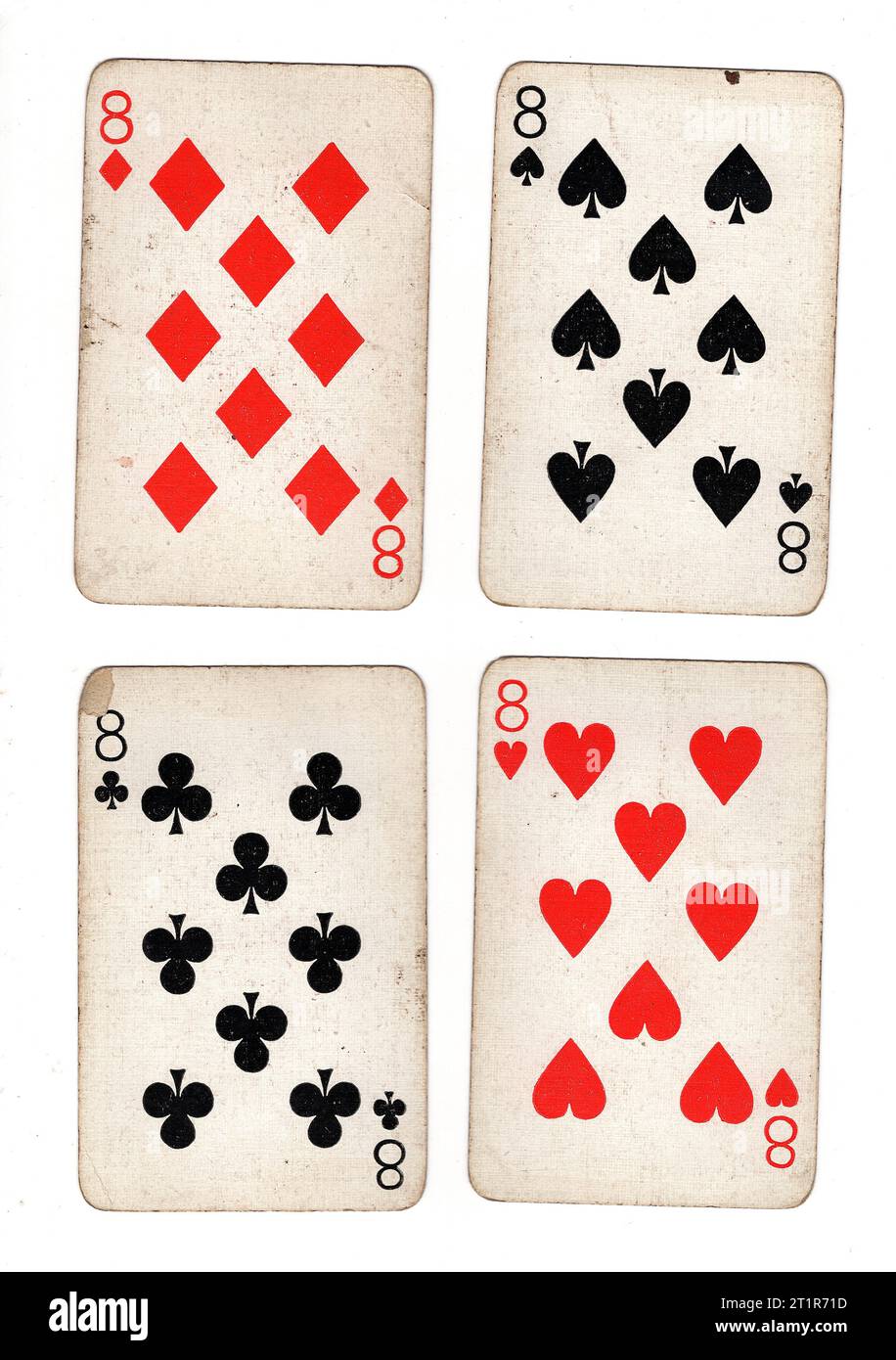 Vintage playing cards featuring four eights on a white background Stock ...