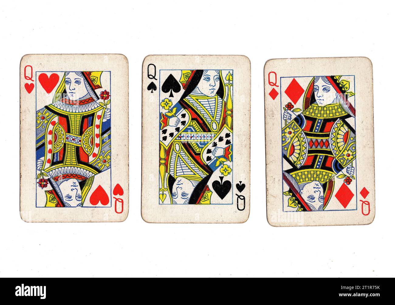 Vintage playing cards featuring three queens on a white background ...