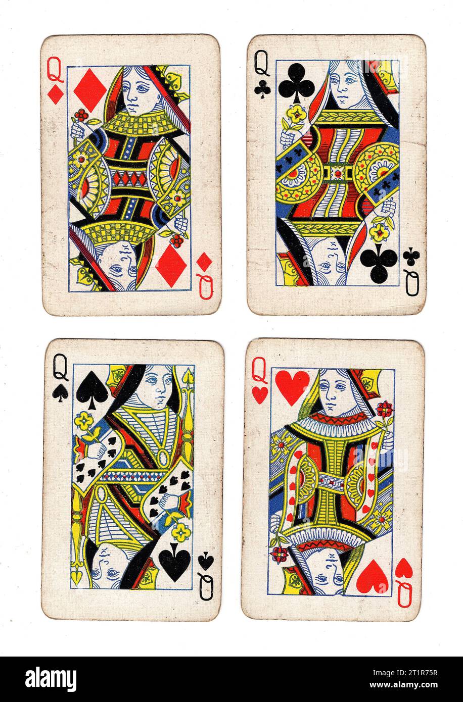 Vintage playing cards featuring four queens on a white background Stock ...