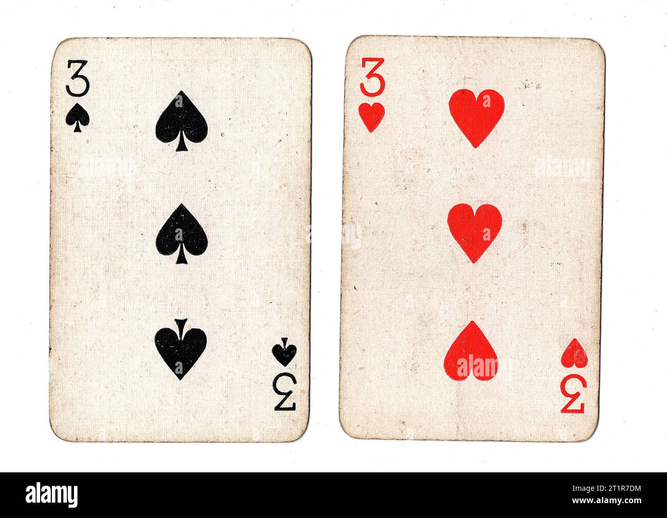 Vintage playing cards featuring a pair of threes on a white background ...