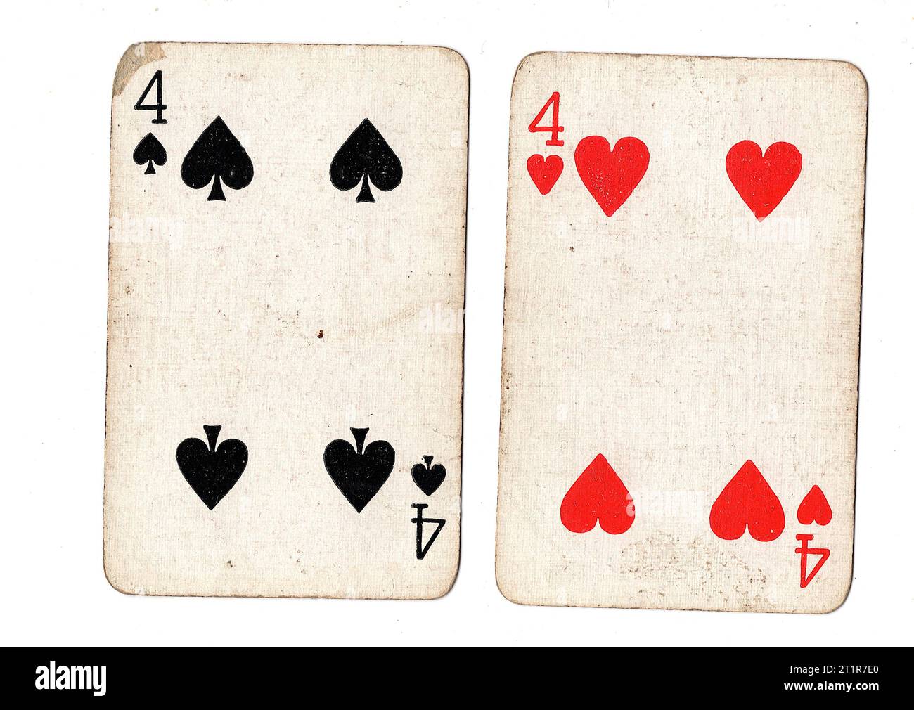 Vintage playing cards featuring a pair of fours on a white background ...