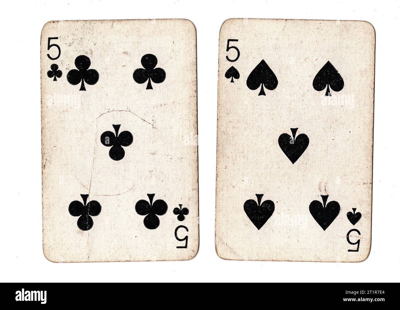 Vintage playing cards featuring a pair of black fives on a white ...