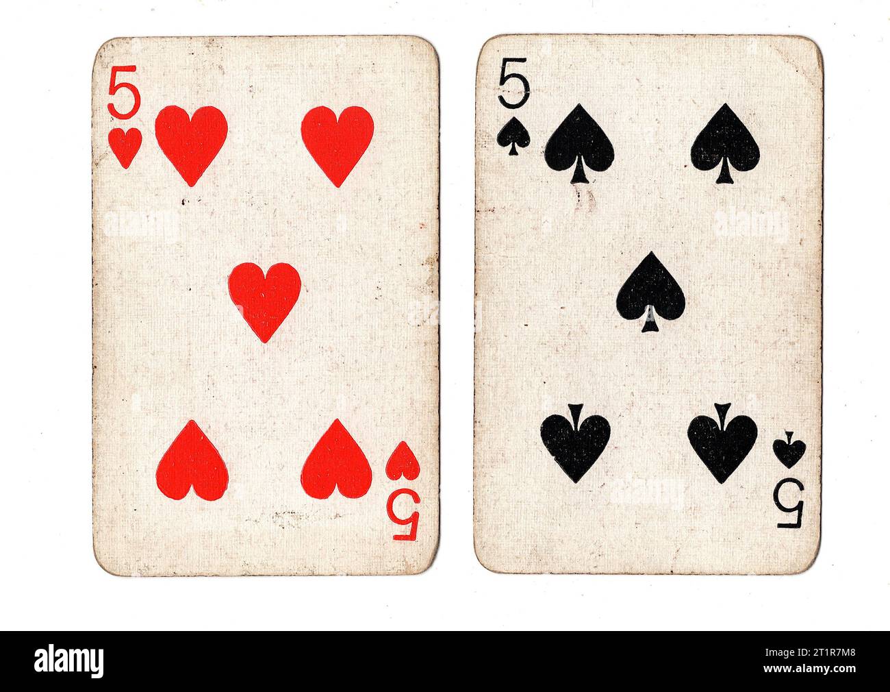 Vintage playing cards featuring a pair of fives on a white background ...