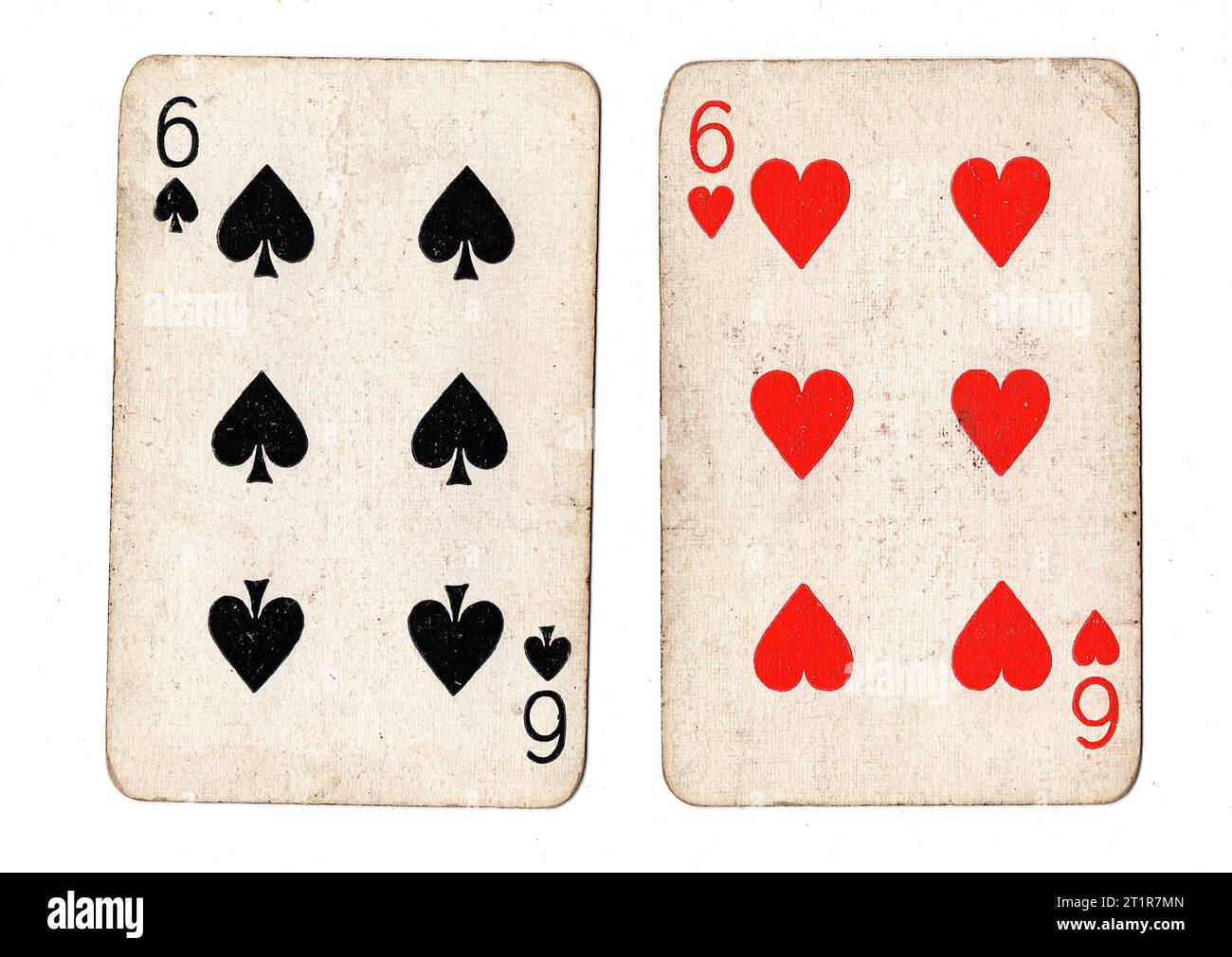 Vintage playing cards featuring a pair of sixes on a white background ...