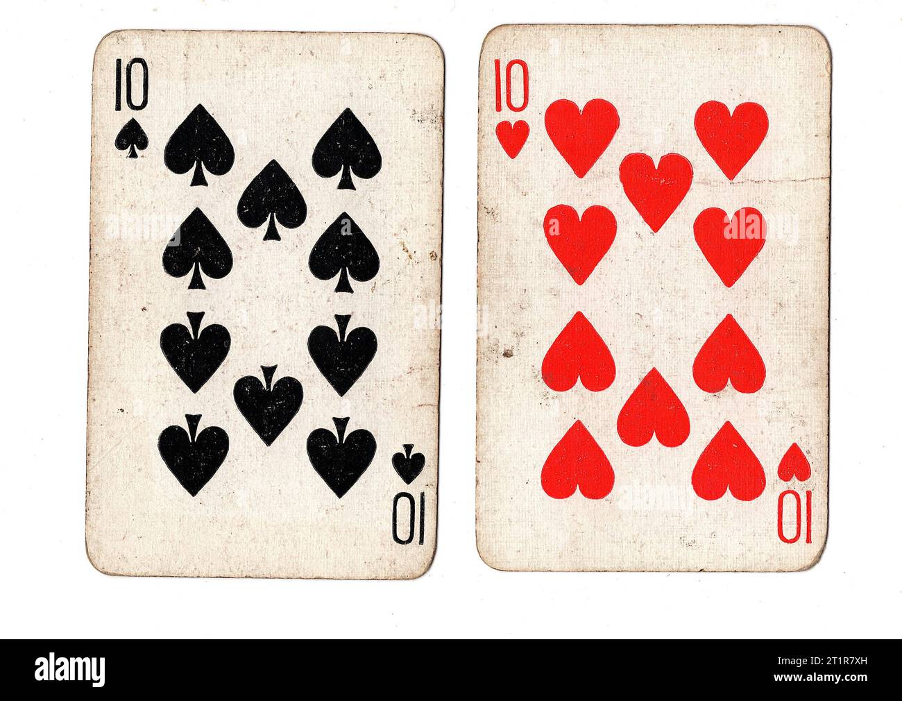 Vintage playing cards featuring a pair of tens on a white background ...