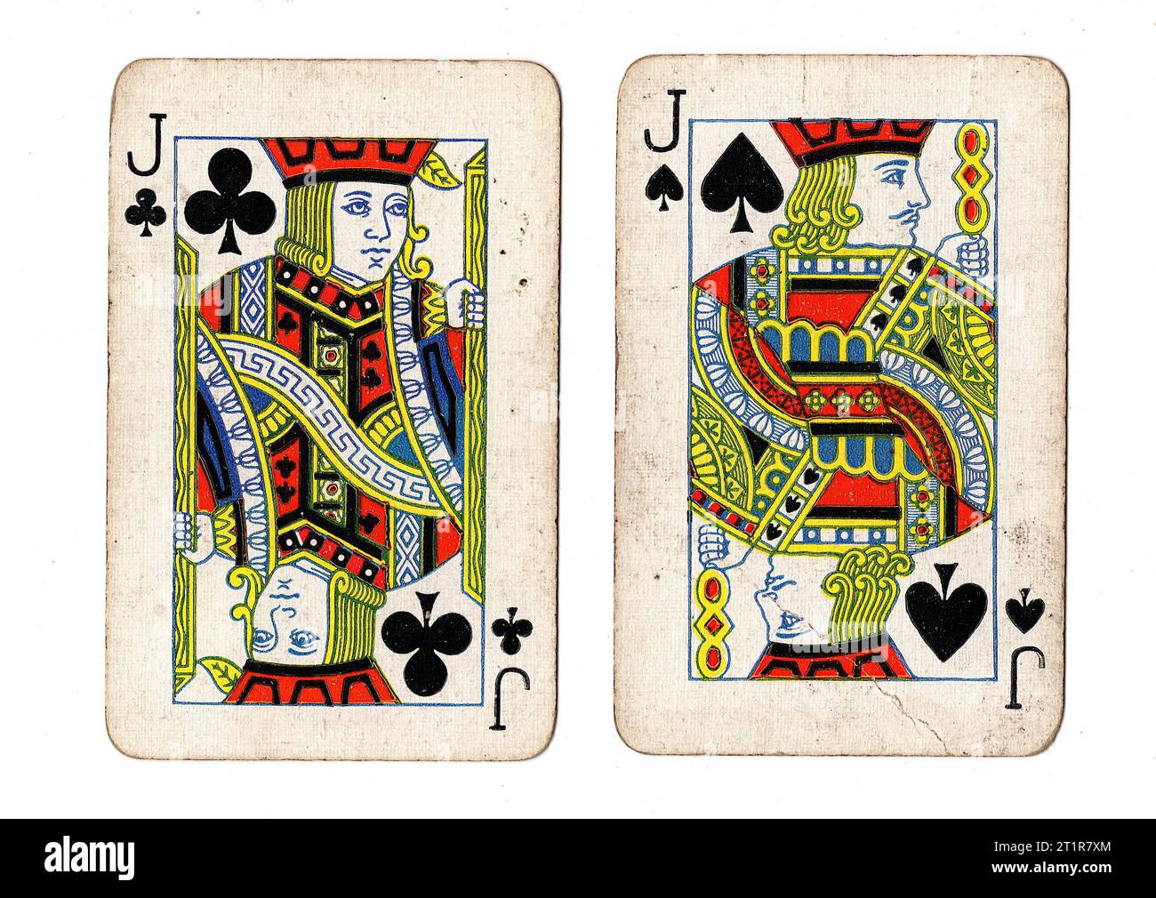 Vintage playing cards featuring a pair of black jacks on a white ...