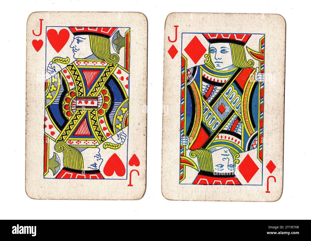 Vintage playing cards featuring a pair of red jacks on a white ...