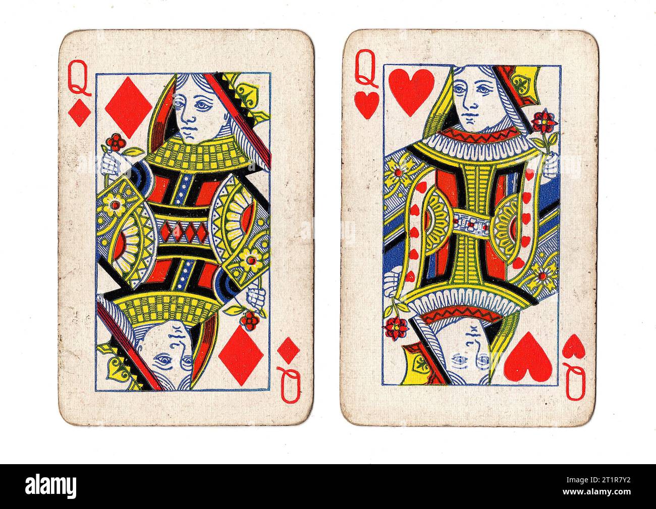 Vintage playing cards featuring a pair of red queens on a white ...