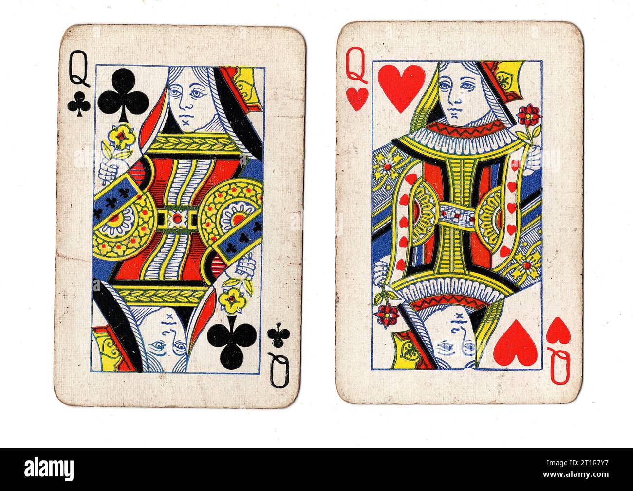 Vintage playing cards featuring a pair of queens on a white background ...