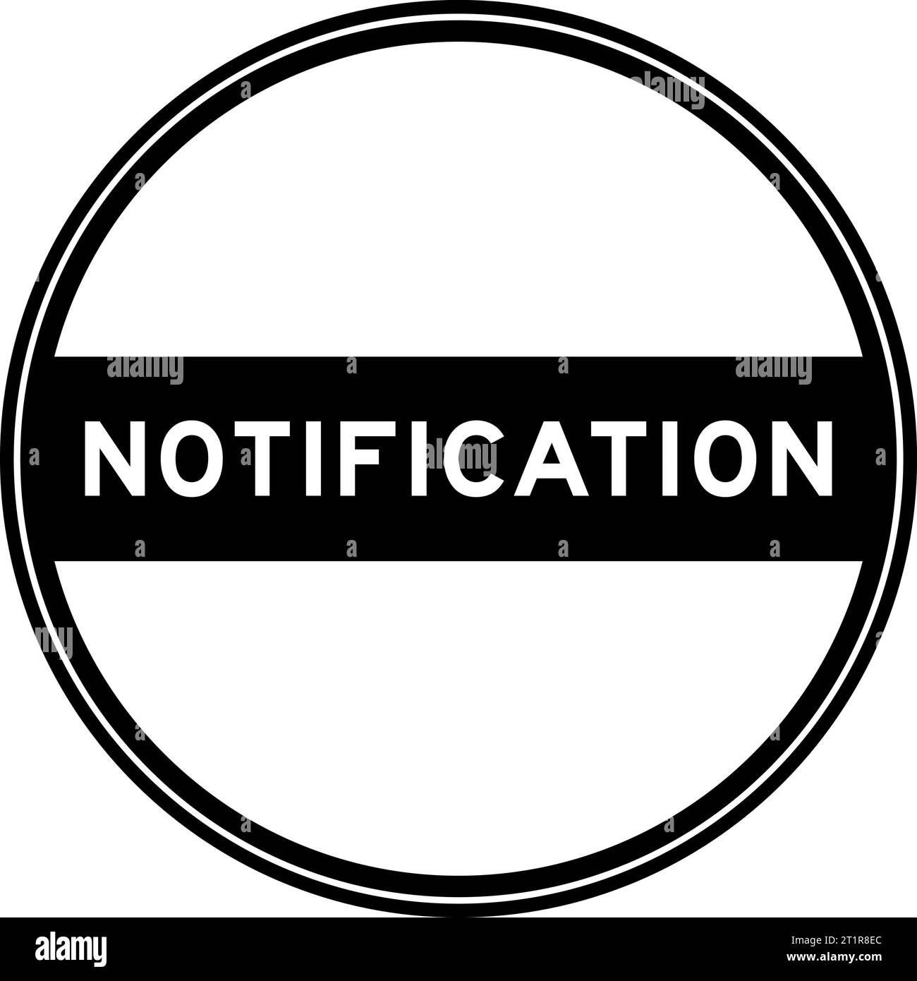 Black color round seal sticker in word notification on white background ...