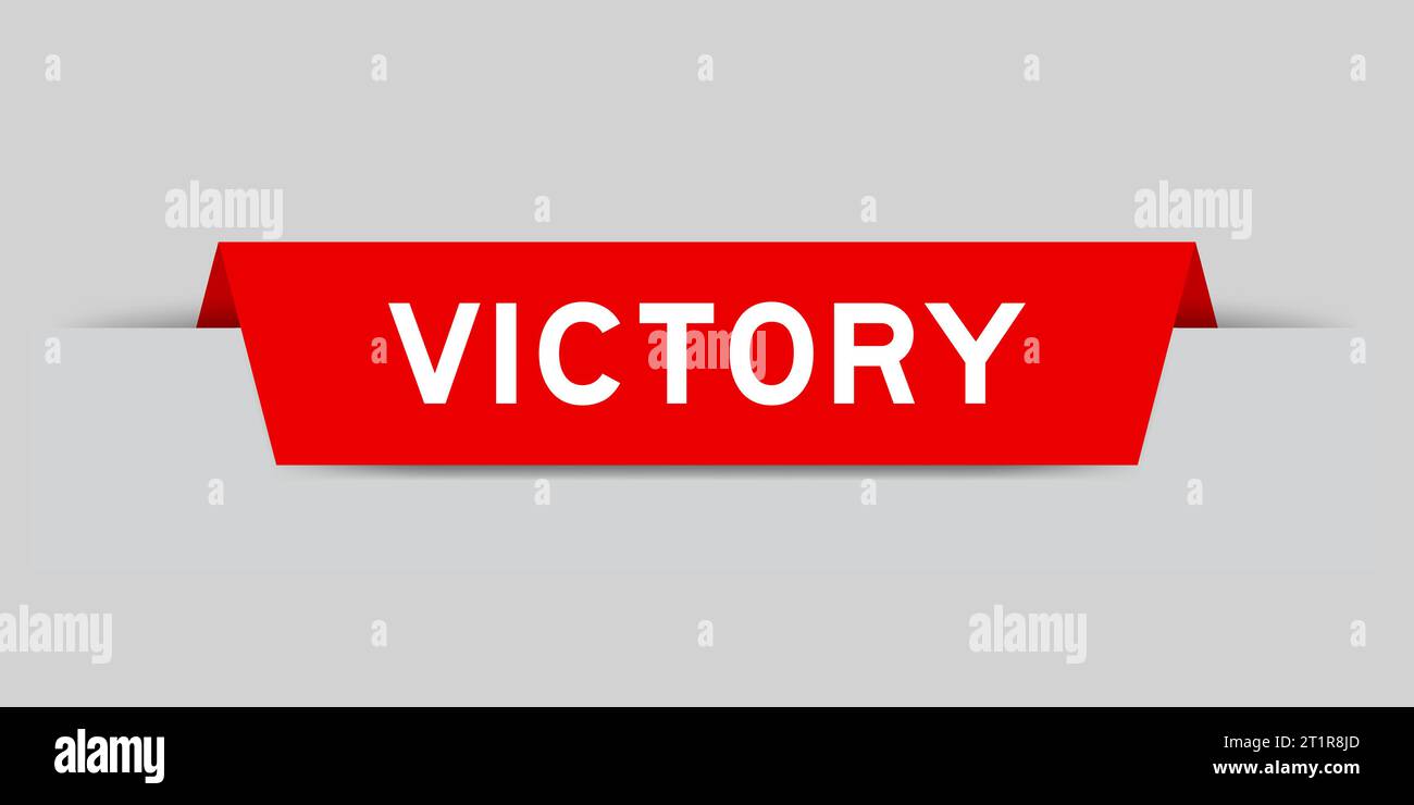 Red color inserted label with word victory on gray background Stock ...