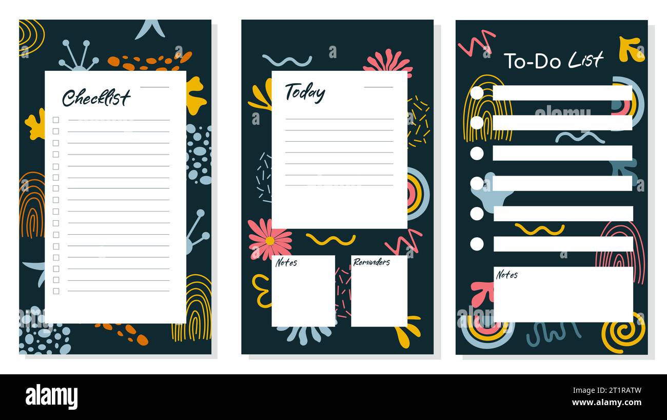 Three planner pages with hand drawn abstract elements. Vector to-do ...