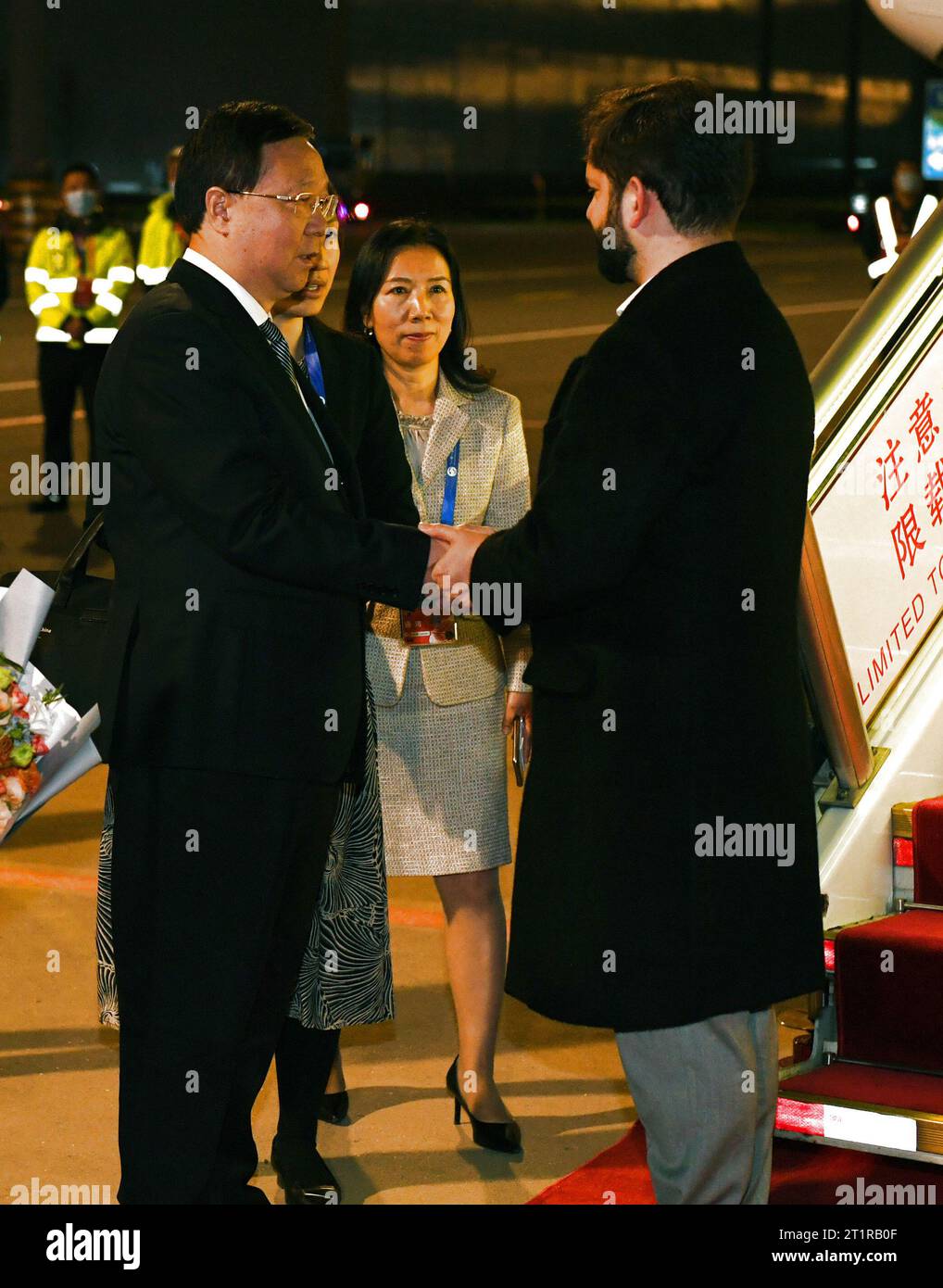 Beijing, China. 15th Oct, 2023. Chilean President Gabriel Boric arrives in Beijing, capital of ...