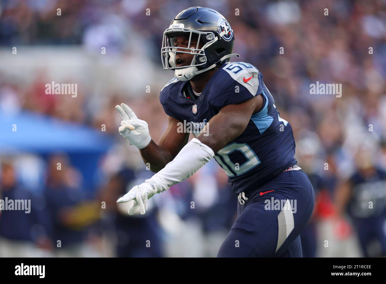 Tennessee Titans linebacker Monty Rice (56) celebrates a defensive play ...