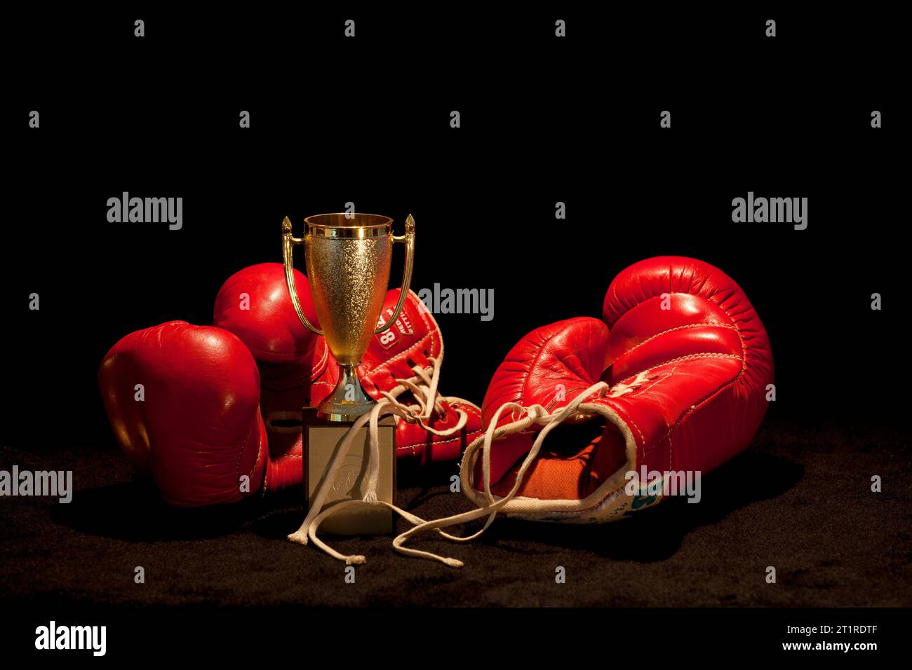 A golden winner trophy standing between two red boxing gloves at the ...