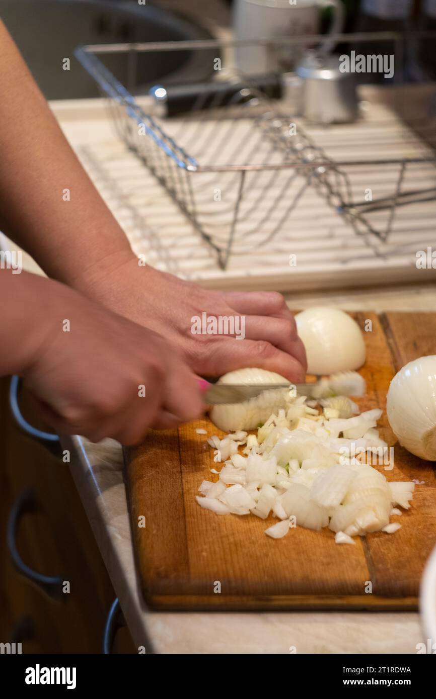 Woman slicing onions in hi-res stock photography and images - Alamy