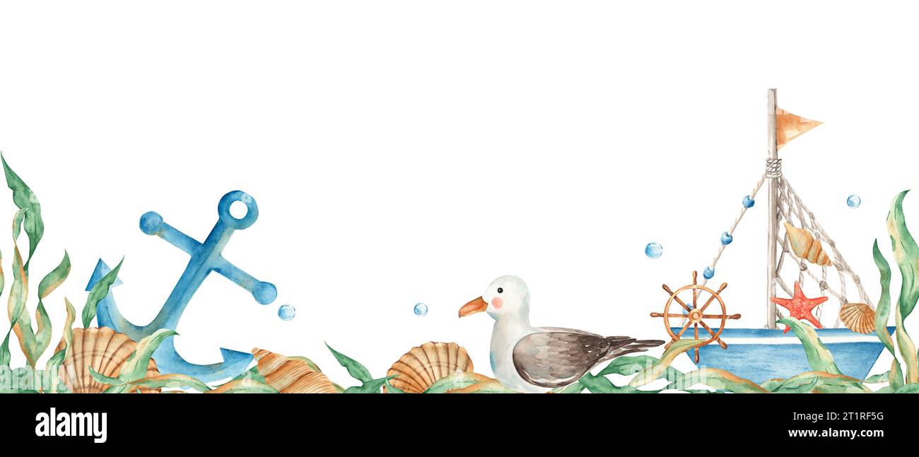 Horizontal watercolor sea, marine seamless border pattern. Ship, boat ...