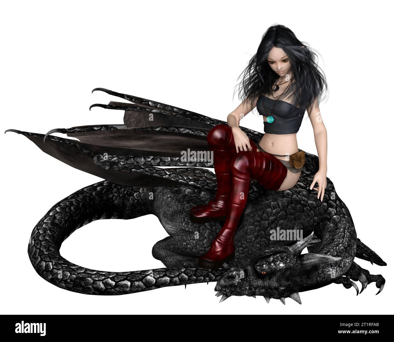 Female Dragon Tamer Sitting on a Black Dragon Stock Photo - Alamy