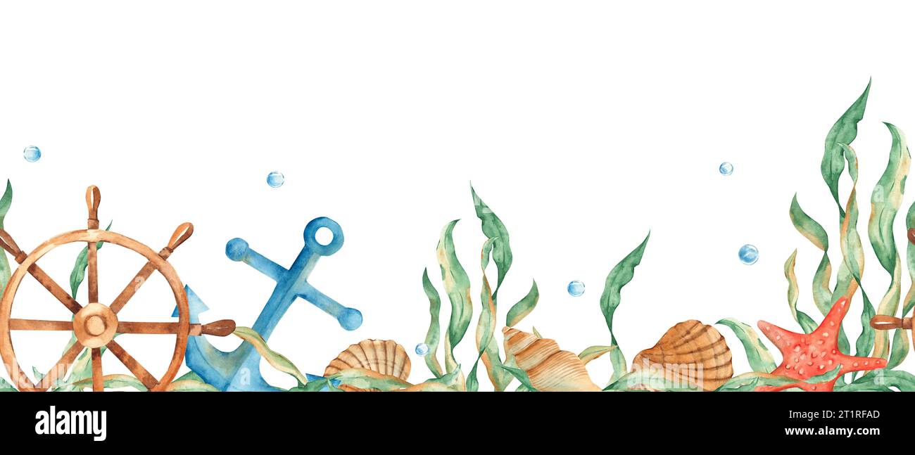 Horizontal watercolor sea, marine seamless border pattern. Nautical ...