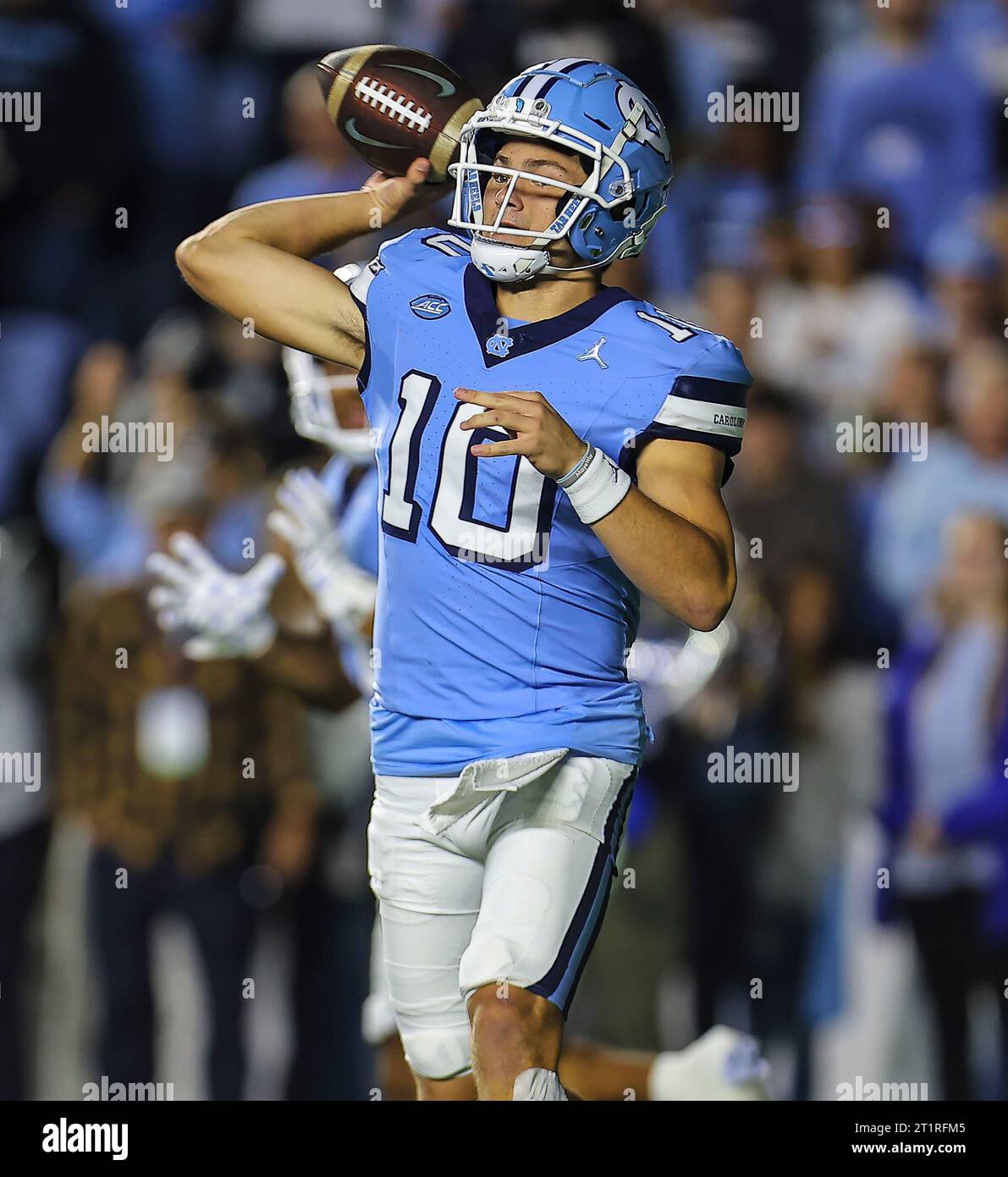 October 14, 2023: North Carolina sophomore Drake Maye (10) passes the ...