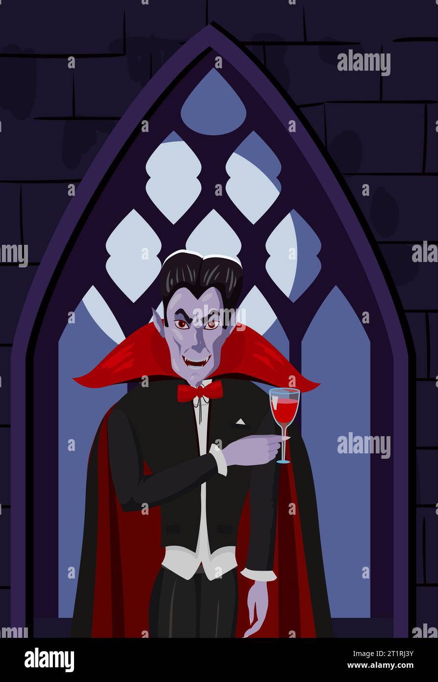 Dracula vampire character in black red cape with wineglass, dark castle ...