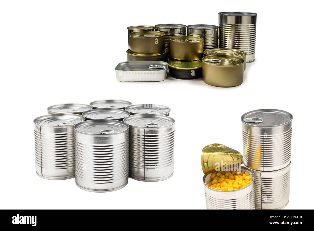Group of silver canned food on white background Stock Photo - Alamy