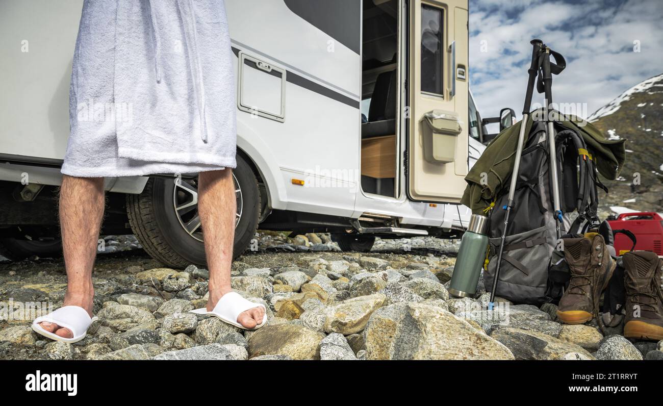 Caucasian Tourist Wearing Hotel Slippers and Bathrobe in Front of His ...