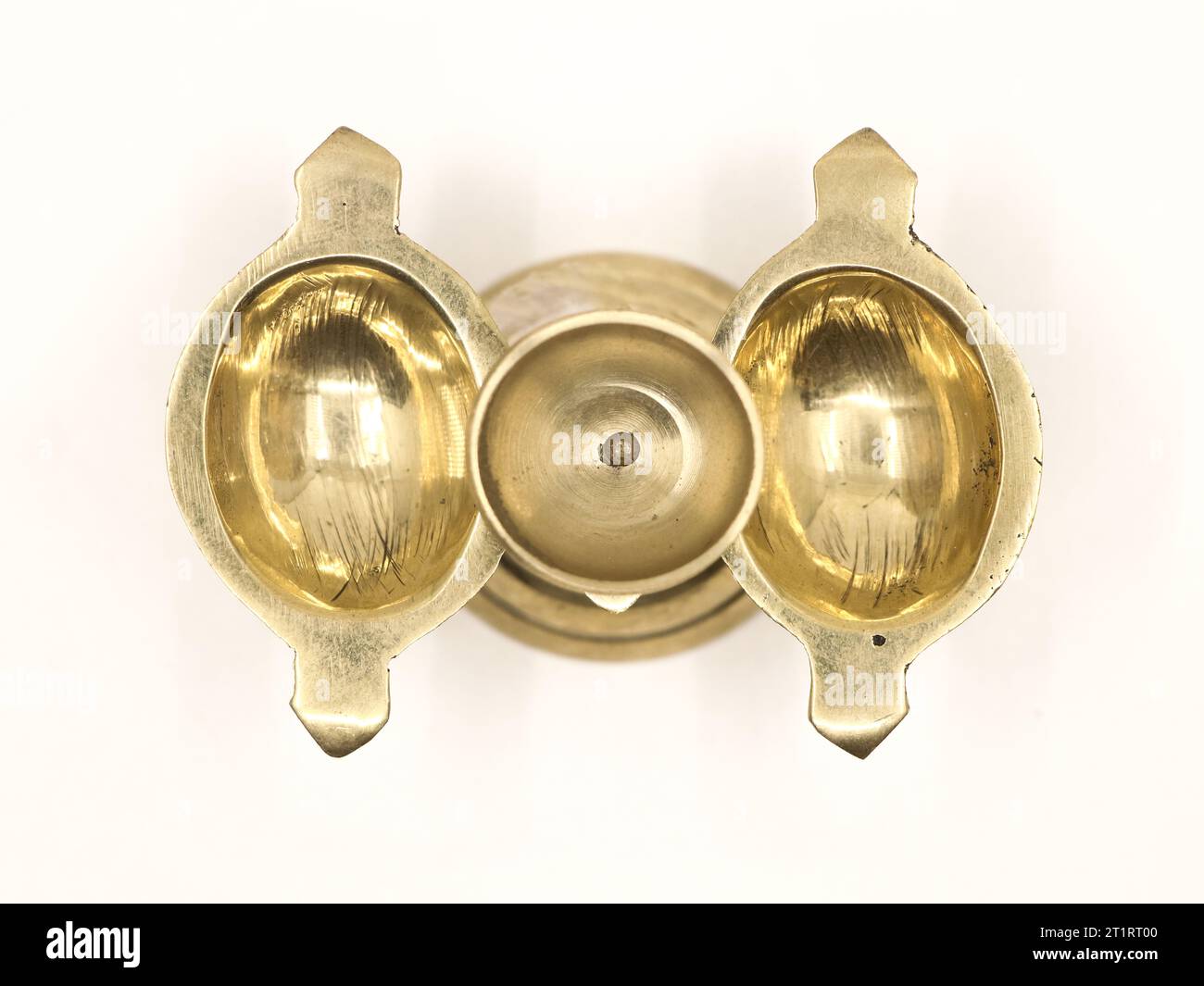top view of a unique three head antique aarti lamp made of gold brass ...
