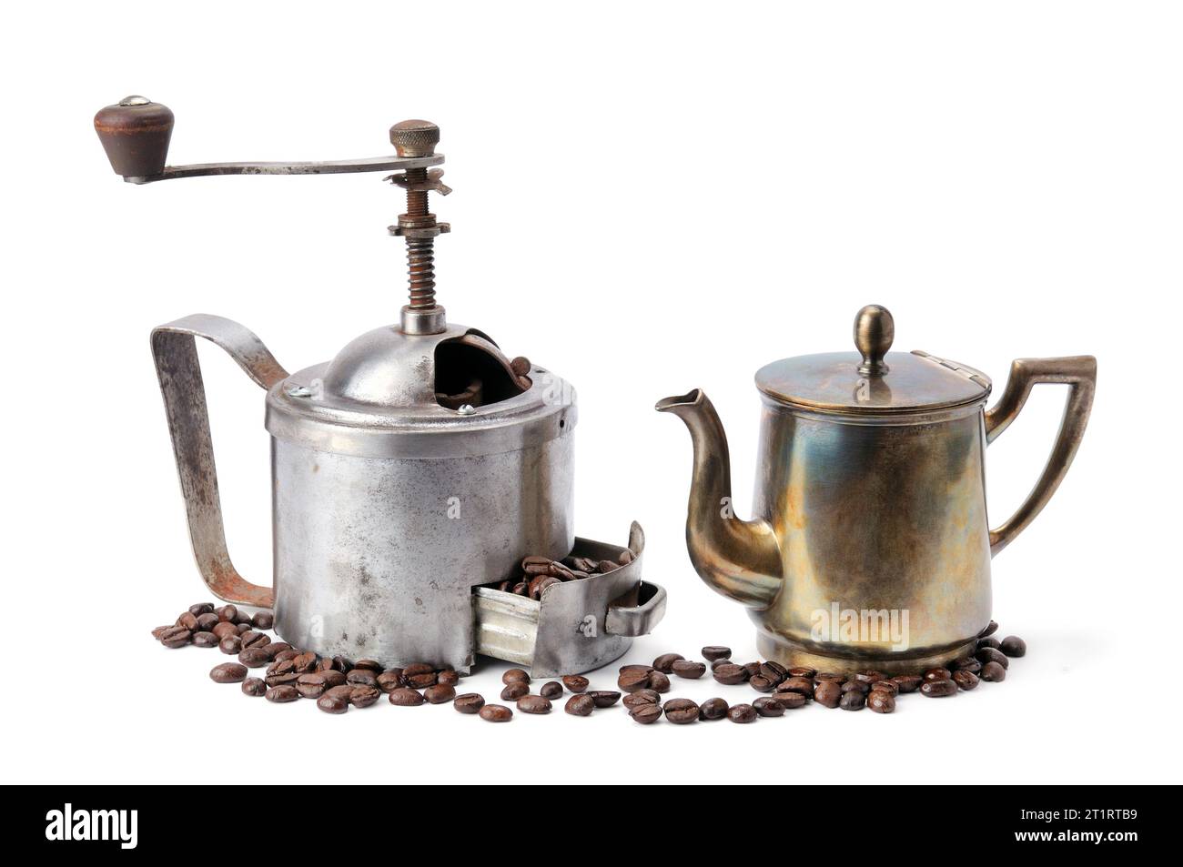 Old coffee pot, grinder coffee and beans isolated on white background ...