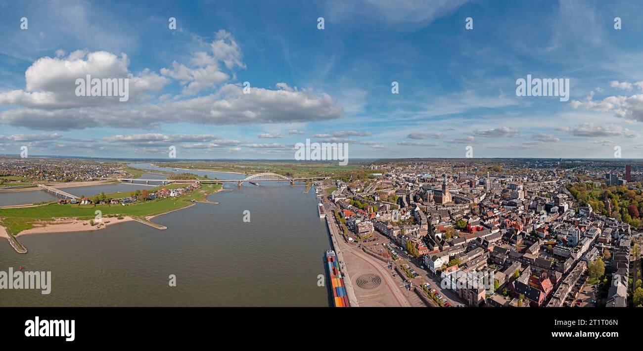 Aerial panorama from the city Nijmegen and the river Waal in the ...