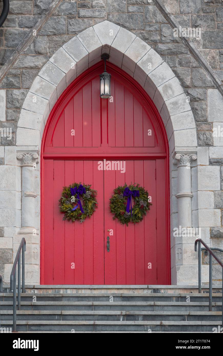 Red Church Door with Holiday Wreaths Stock Photo - Alamy