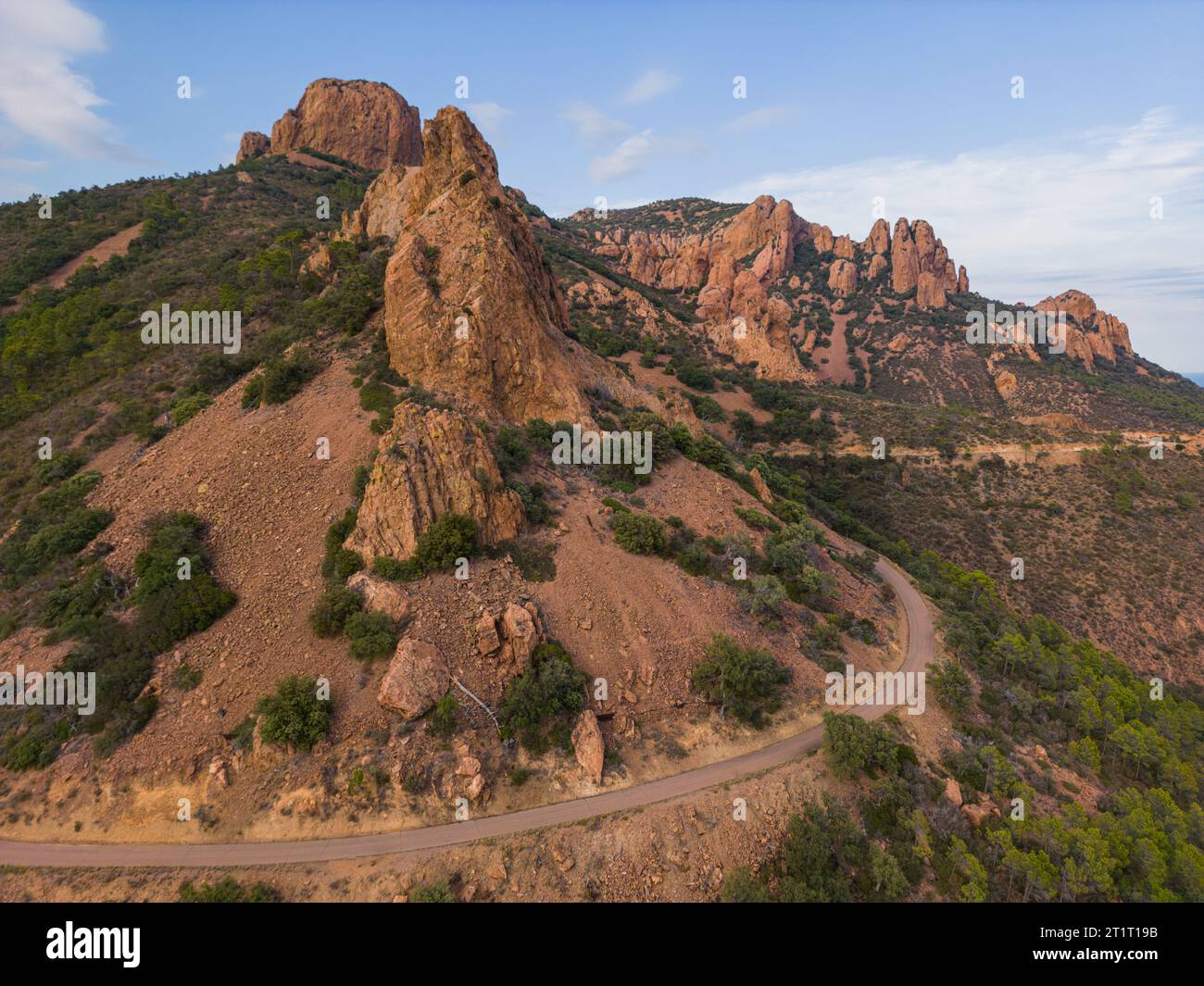 Aerial view of the Massif de L'Esterel and red cliffs falling into the ...