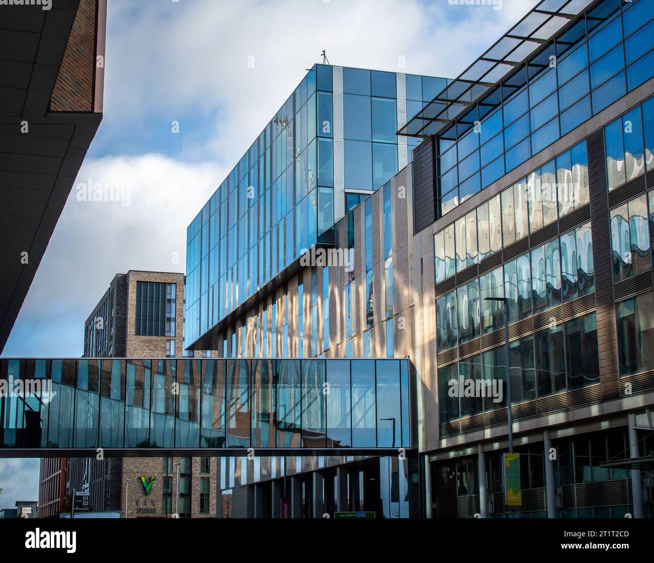 Belfast, UK, Sep 29, 2023. Street view of the sky bridge in the Ulster ...