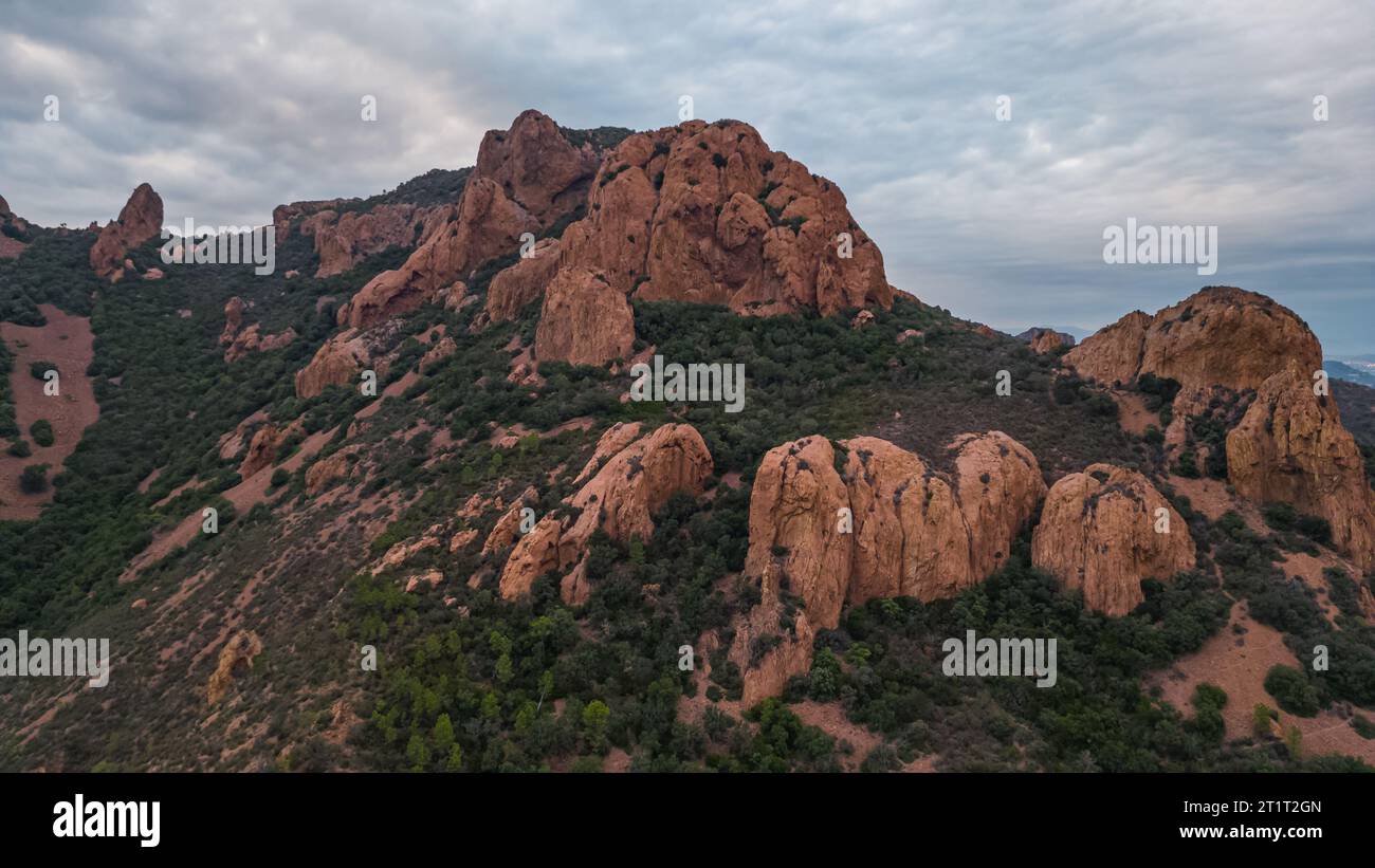 Aerial view of the Massif de L'Esterel and red cliffs falling into the ...
