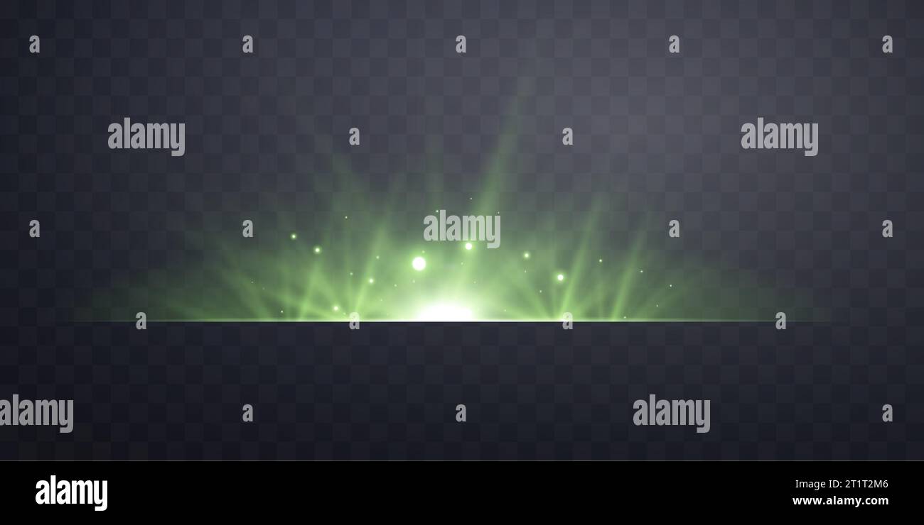 Green horizontal lensflare. Light flash with rays or green spotlight ...