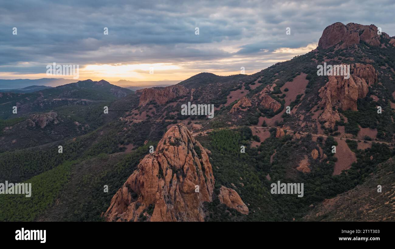 Aerial view of the Massif de L'Esterel and red cliffs falling into the ...