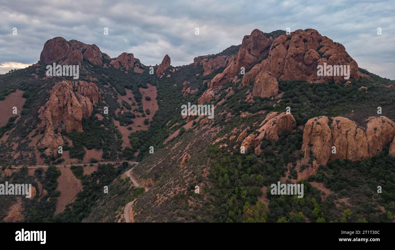 Aerial view of the Massif de L'Esterel and red cliffs falling into the ...