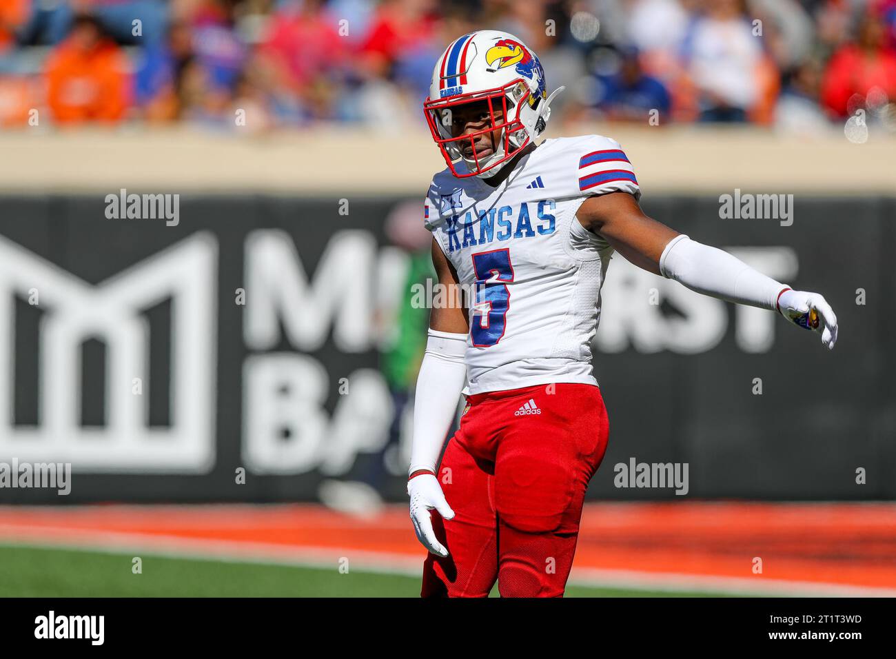 October 14, 2023: Kansas Safety O.J. Burroughs (5) warms up before a ...