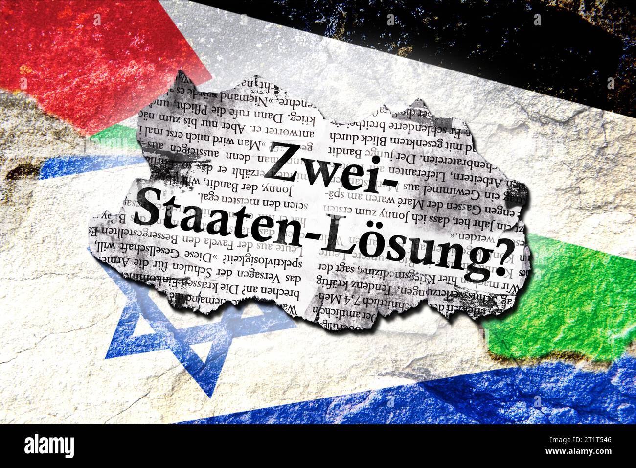 FOTOMONTAGE, Fahnen von Israel und Palästina mit Riss und ...