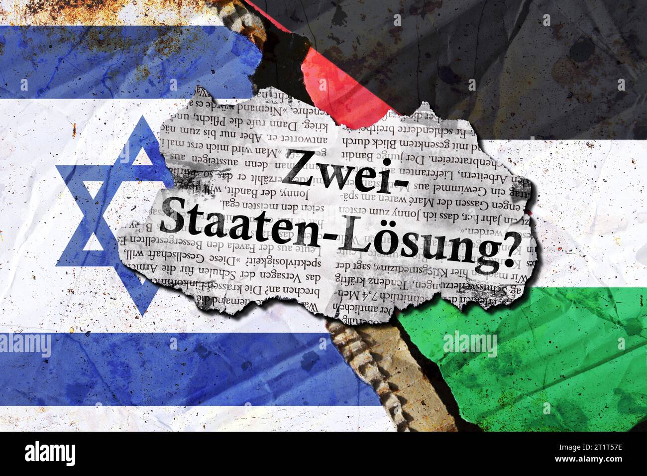 FOTOMONTAGE, Fahnen von Israel und Palästina mit Riss und ...