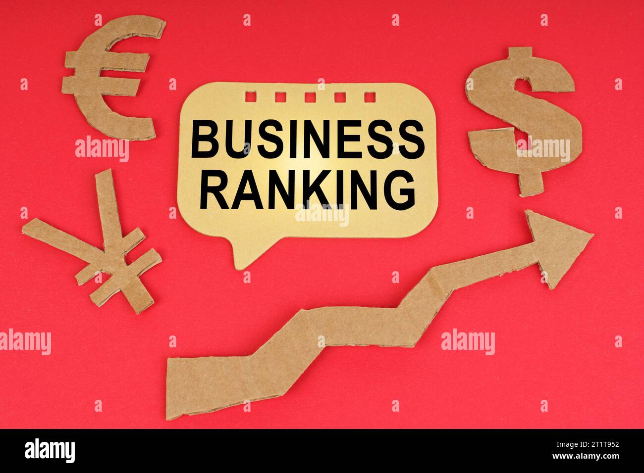 Business concept. On the red surface there are money symbols, an arrow ...