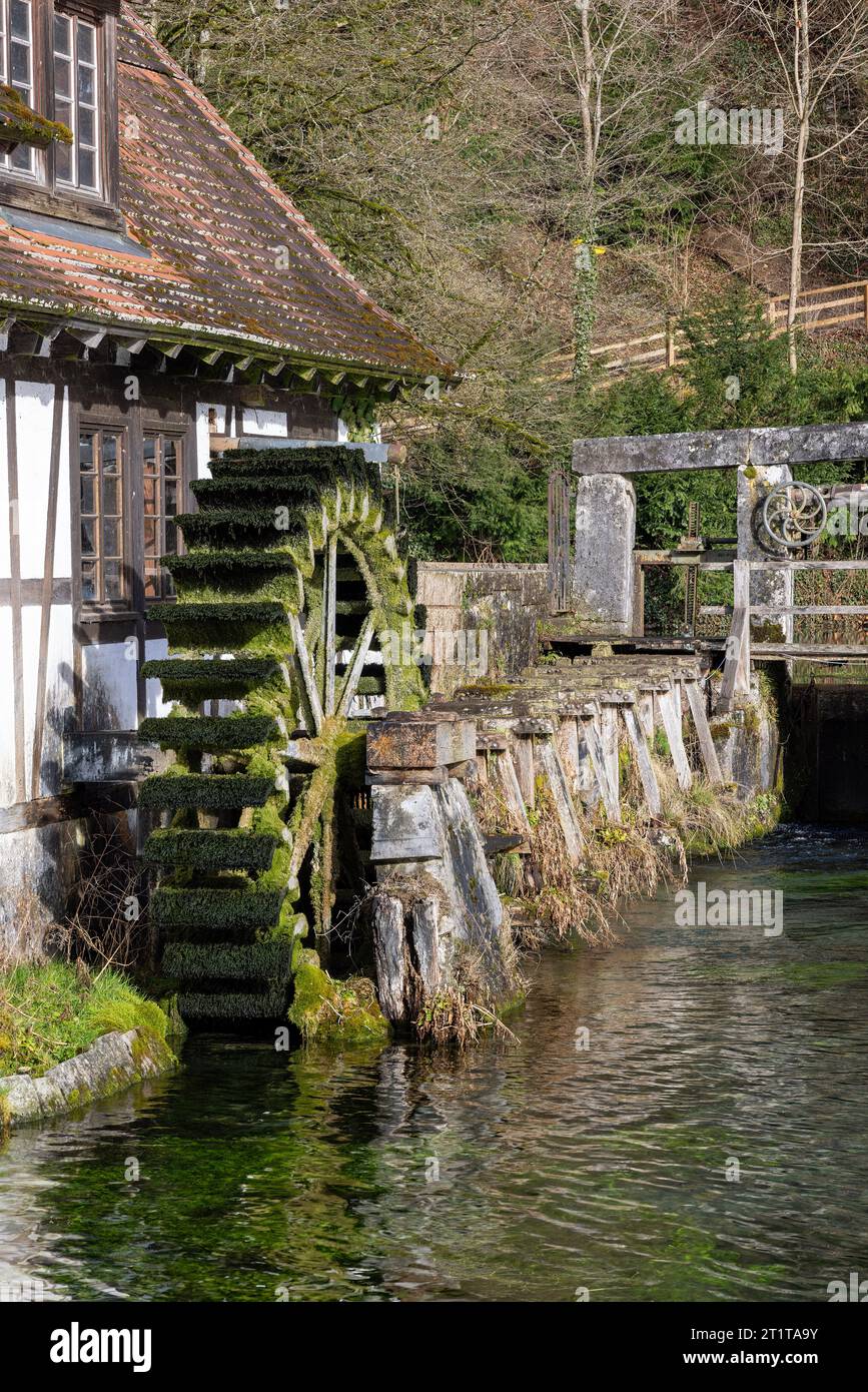 View of a half-timbered watermill at the Blautopfsee in Blaubeuren at ...