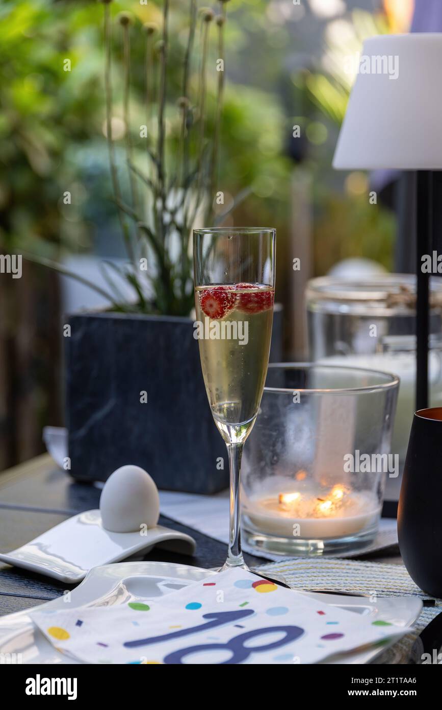 Champagne breakfast arrangement with strawberries for an 18th birthday ...