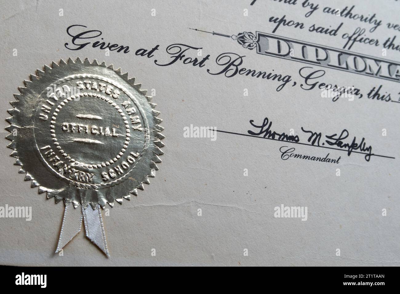 Close up up a diploma from the U.S. Army infantry school, Fort Benning ...