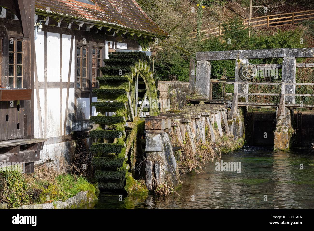 View of a half-timbered watermill at the Blautopfsee in Blaubeuren at ...