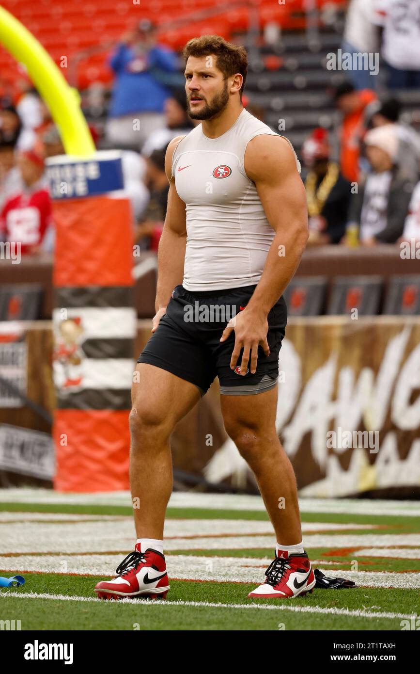 San Francisco 49ers defensive lineman Nick Bosa (97) warms up prior to ...
