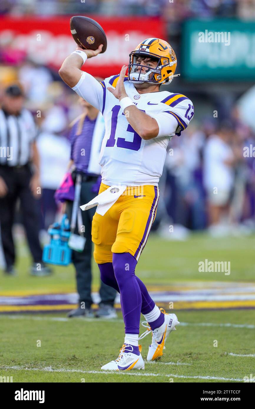 October 14, 2023: LSU quarterback Garrett Nussmeier (13) makes a throw ...