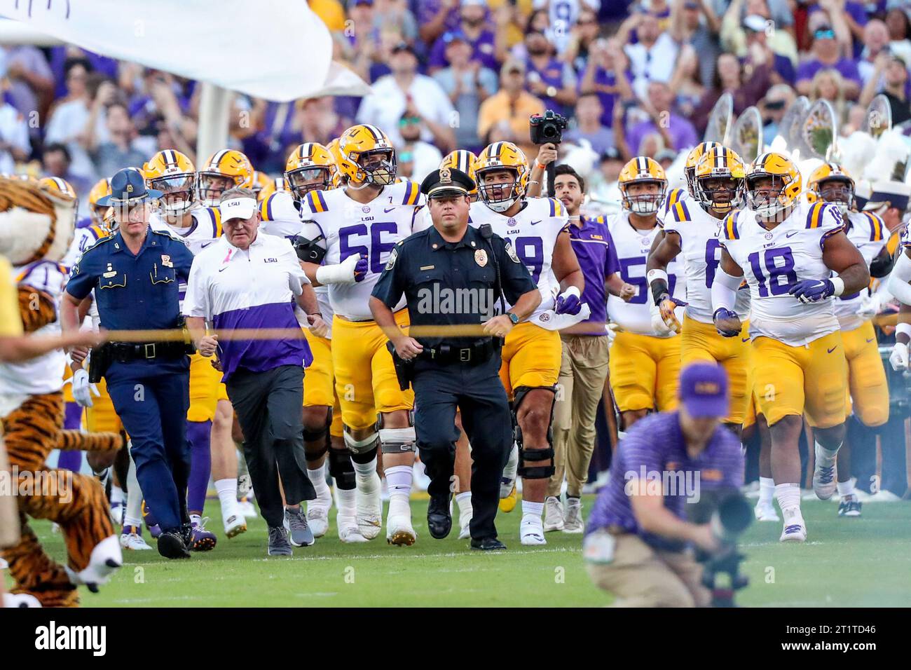 Baton Rouge, LA, USA. 14th Oct, 2023. LSU Head Coach Brian Kelly leads ...
