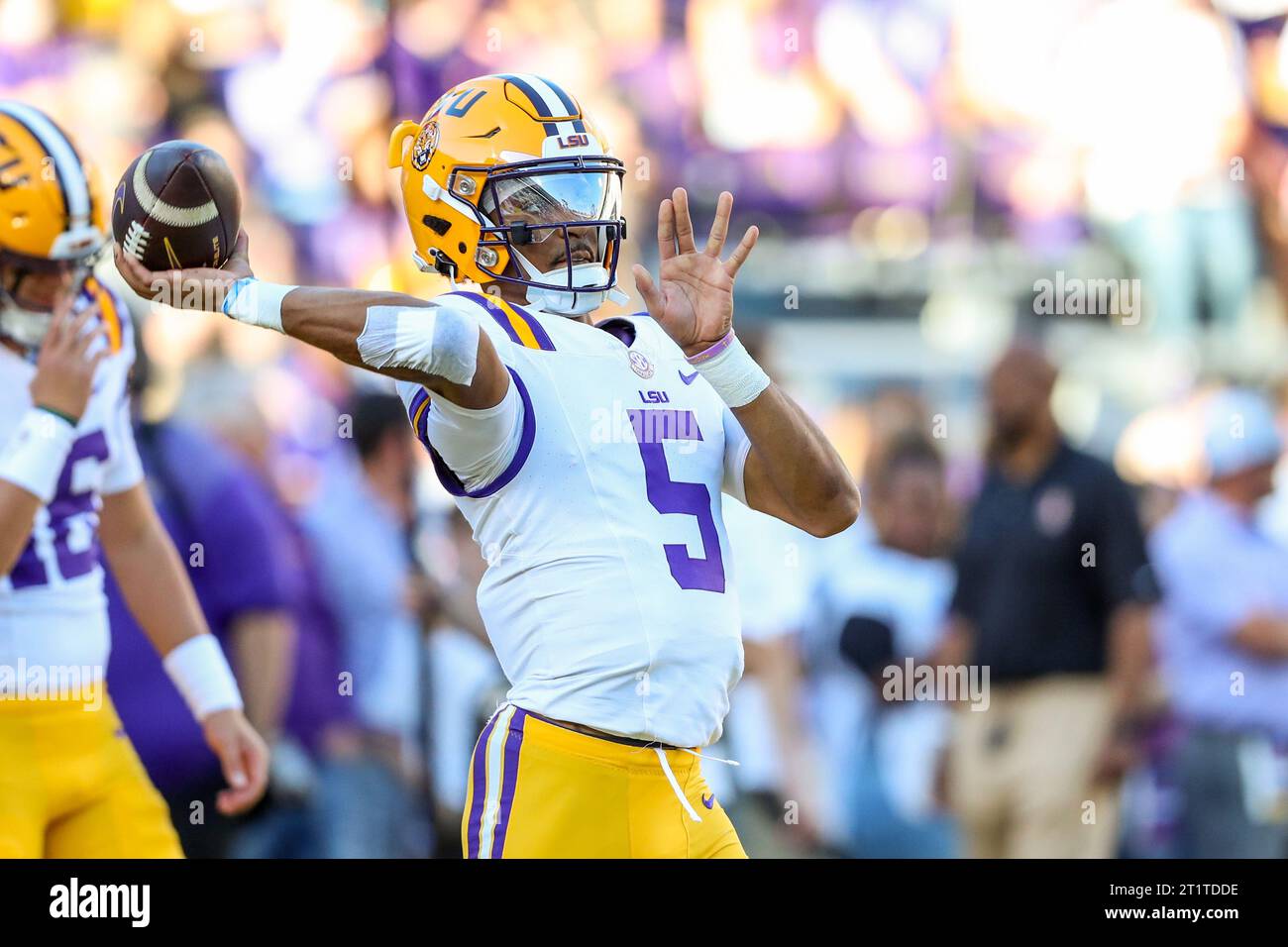 Baton Rouge, LA, USA. 14th Oct, 2023. LSU quarterback Jayden Daniels (5 ...